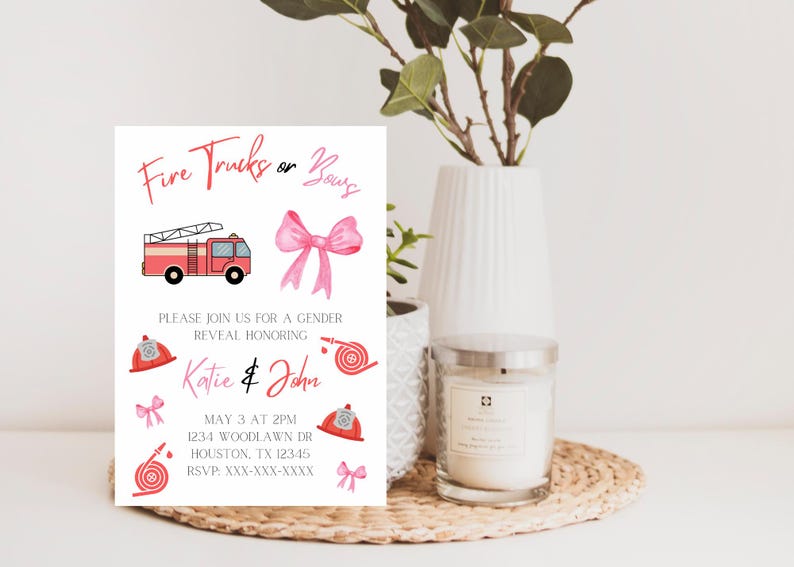Firetrucks or Bows Gender Reveal Invitation/ Firefighter / Boy or Girl ...