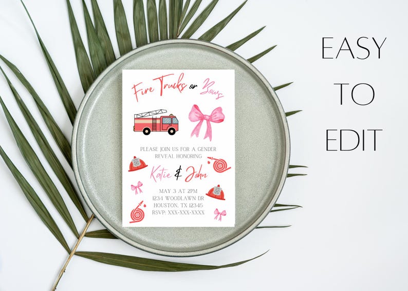 Firetrucks or Bows Gender Reveal Invitation/ Firefighter / Boy or Girl ...