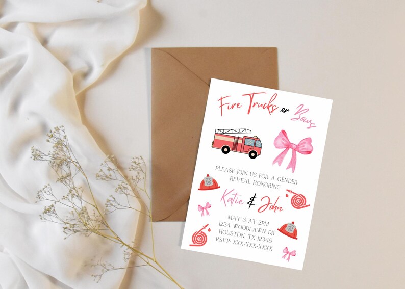 Firetrucks or Bows Gender Reveal Invitation/ Firefighter / Boy or Girl ...
