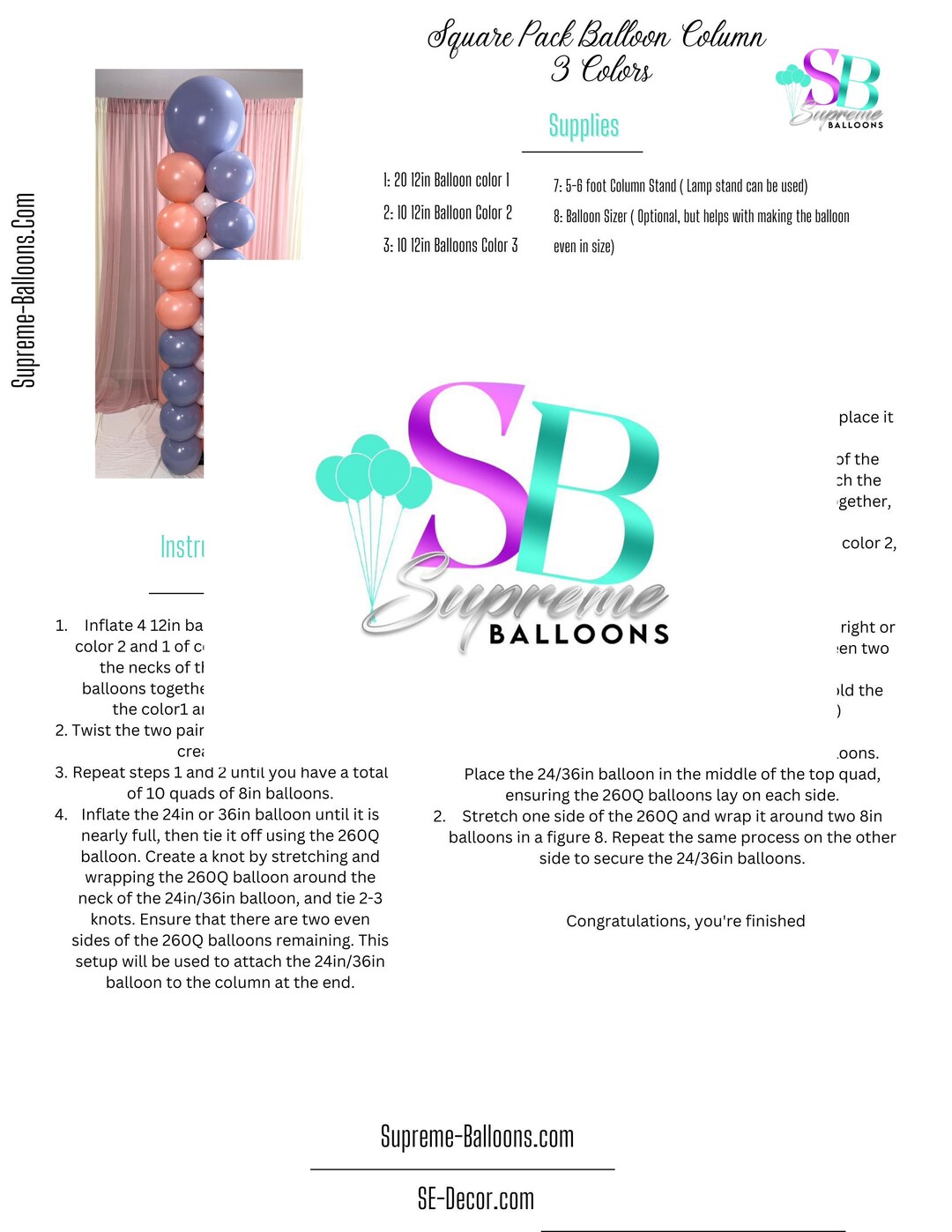 Square Pack Balloon Column Instruction- 2-4 Colors | Tutorial | Step by Step Plan | Beginner ...