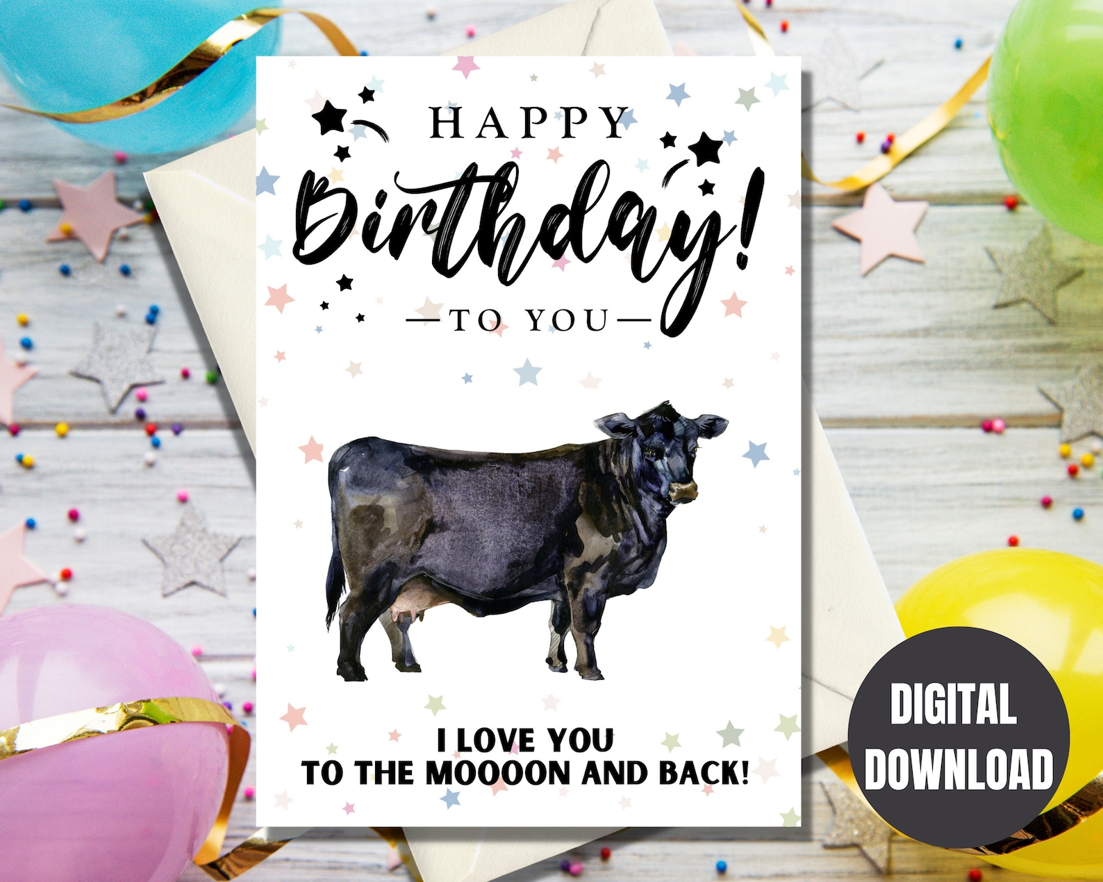 Happy Birthday Card - Funny Black Angus Cow Birthday Card - Digital ...