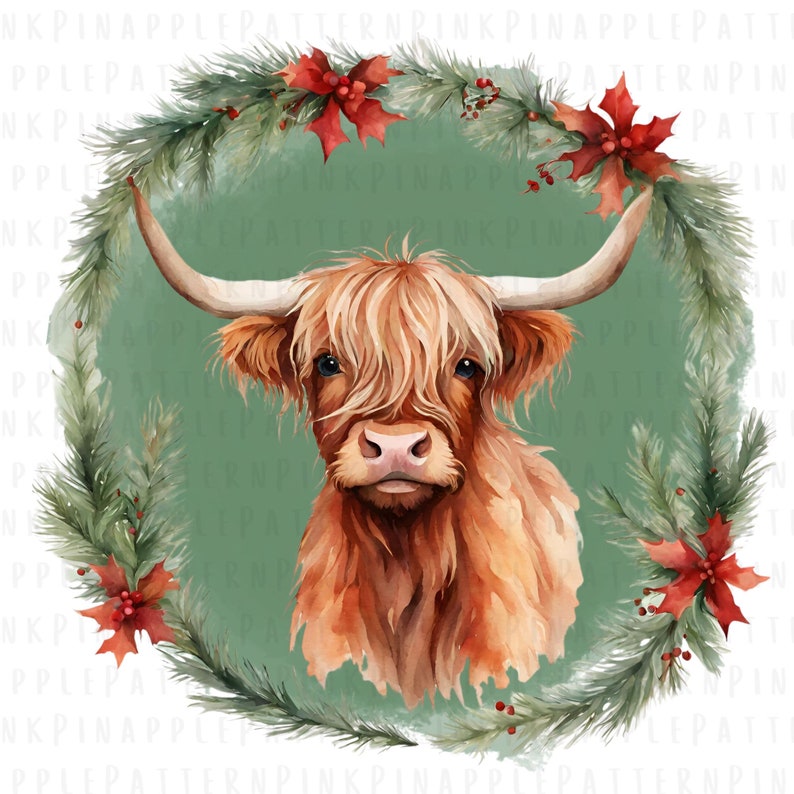 Highland Cow Christmas PNG, Christmas Design, Watercolor PNG, Highland ...