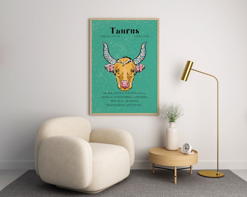 Taurus Digital Poster, Zodiac Wall Art, Astrology Prints, Retro Zodiac ...