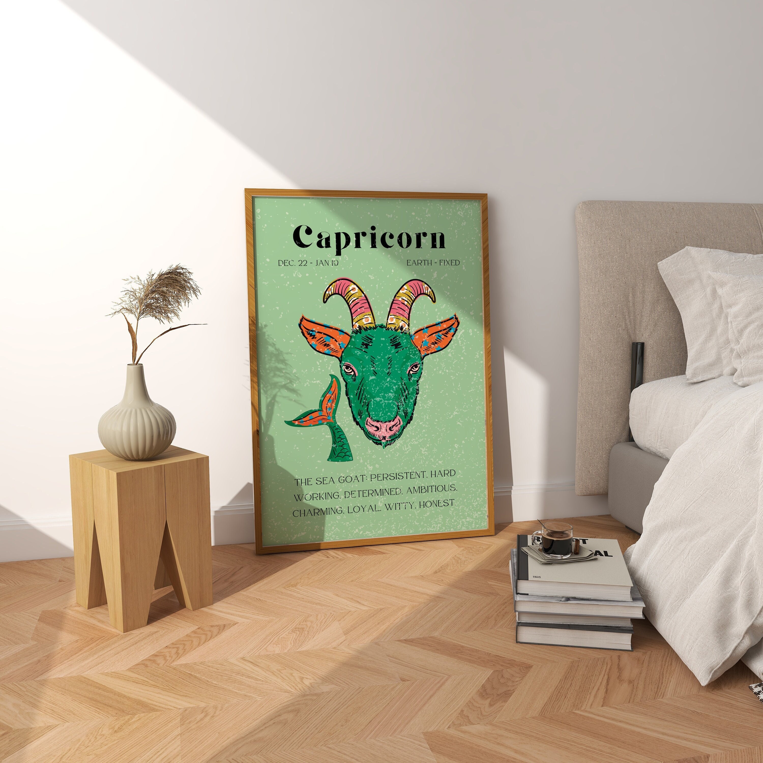 Capricorn Digital Wall Art, Zodiac Posters, Retro Grain Capricorn Print ...