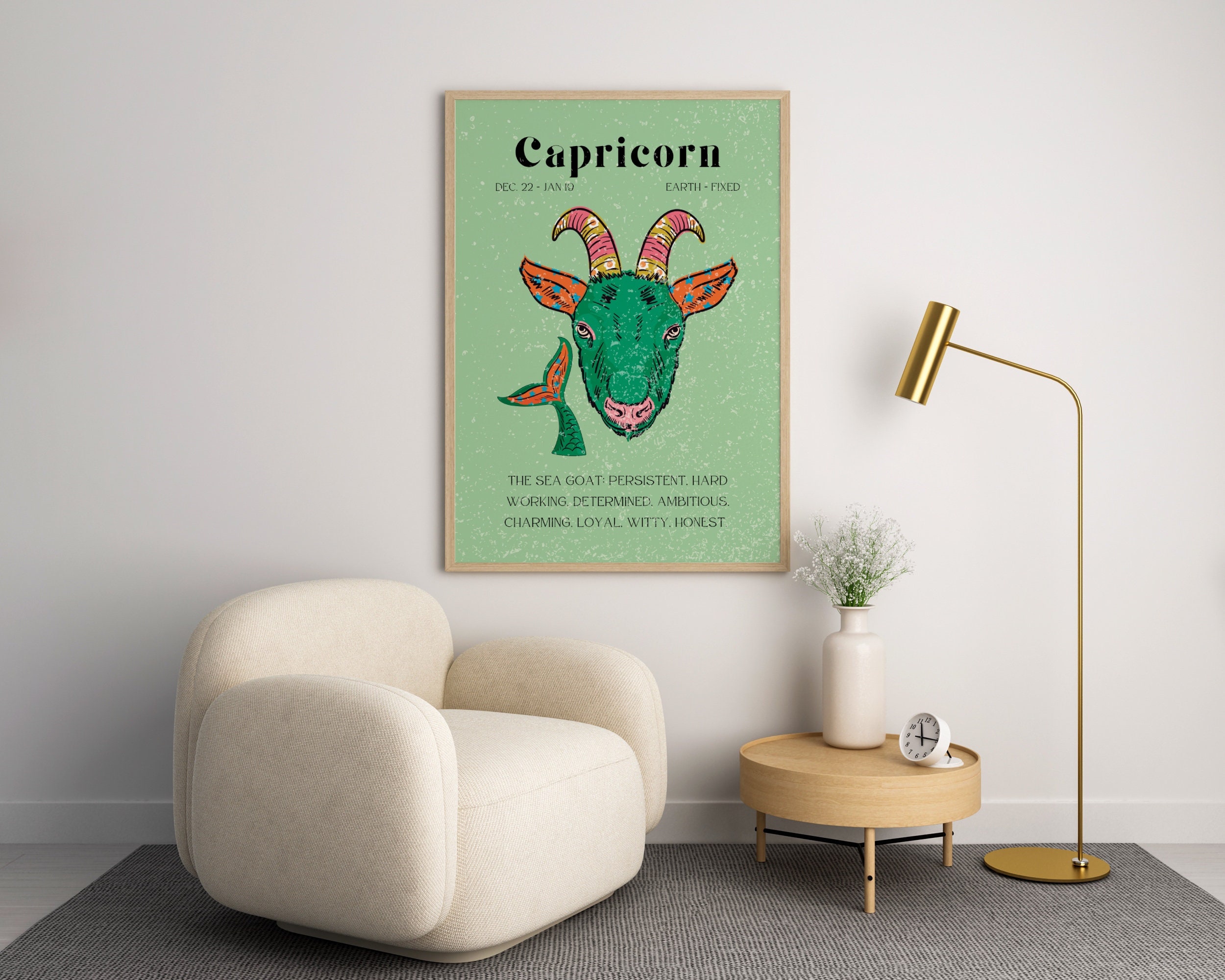 Capricorn Digital Wall Art, Zodiac Posters, Retro Grain Capricorn Print ...