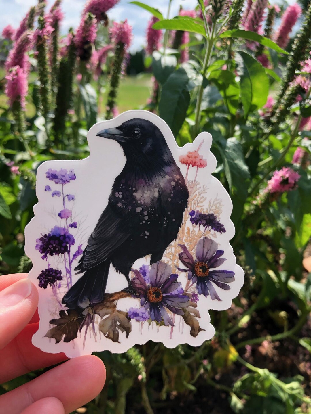 Watercolor Crow on Purple Flowers Clear Background Sticker | Crow Lover ...