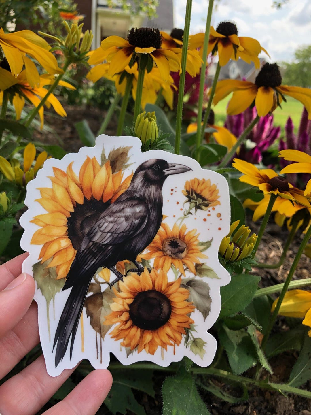Watercolor Crow With Sunflowers Facing Right Clear Background Sticker ...