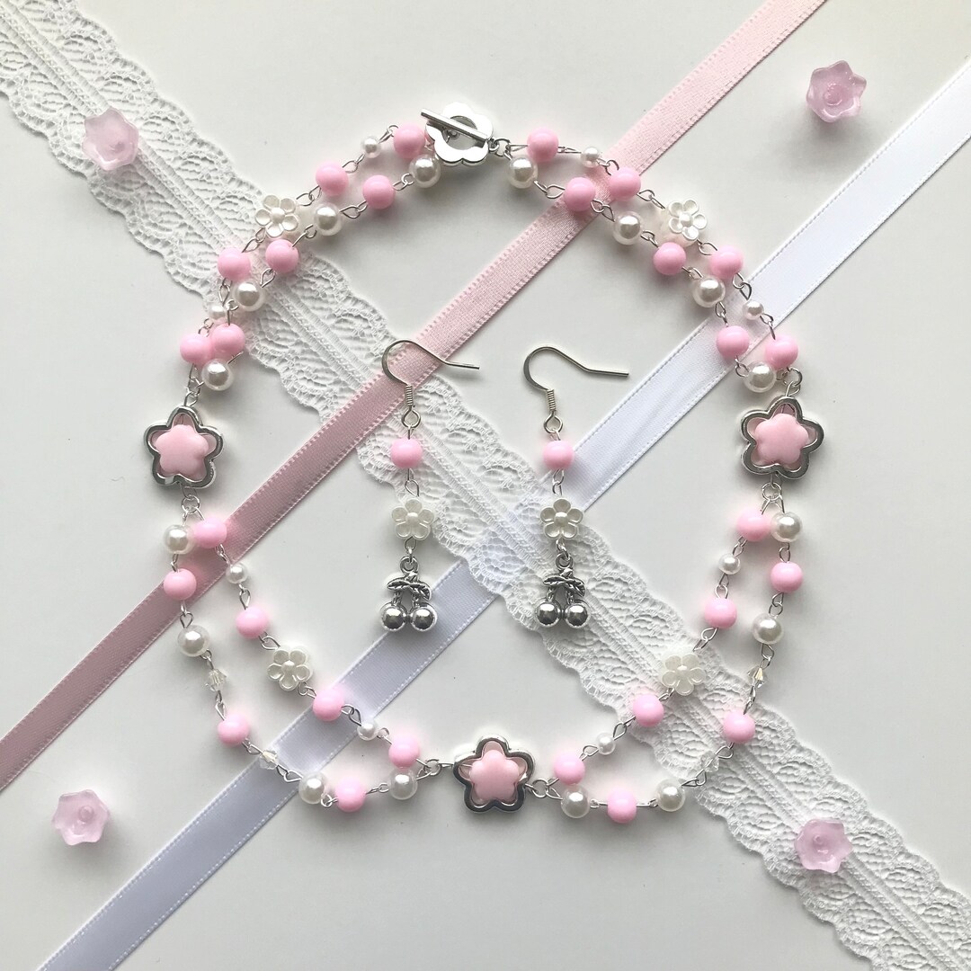 Cherry Blossom Rain Kawaii Academia Y2k Cutecore Pastel Floral Necklace ...