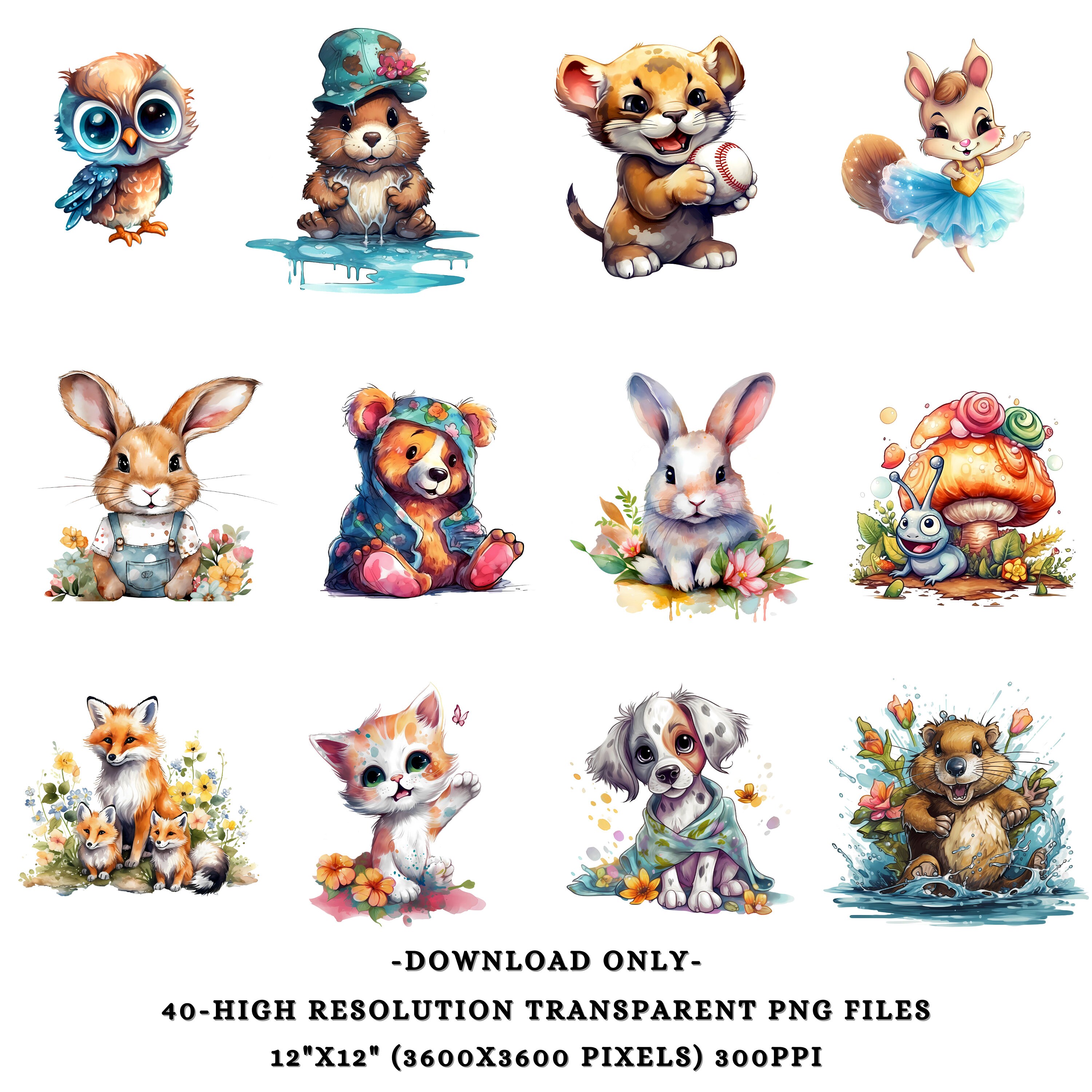 40 PNG Watercolour Cute Woodland Animal Clipart Bundle / Baby Animal ...