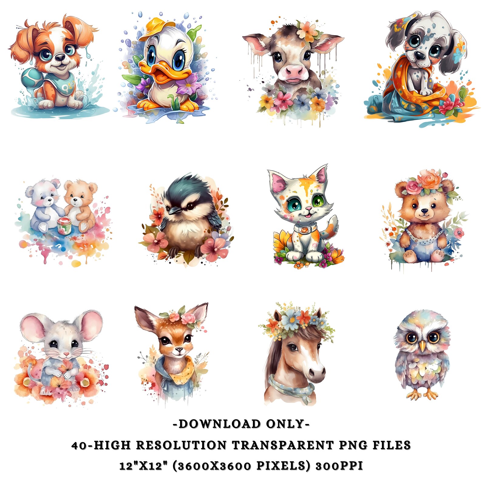 40 PNG Watercolour Cute Woodland Animal Clipart Bundle / Baby Animal ...