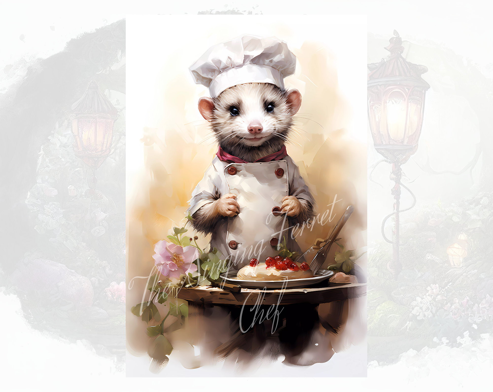 Enchanting Singing Ferret Chef / Watercolor Digital Print / Fun ...