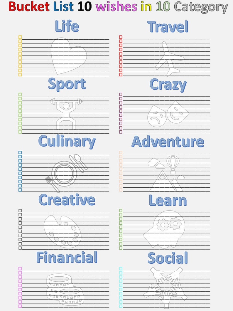 Printable Bucket List, Check List, Life Goals Planner, Journal, to Do ...