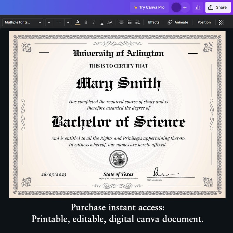 College Diploma Fake GED Diploma Editable High School Diploma Printable ...