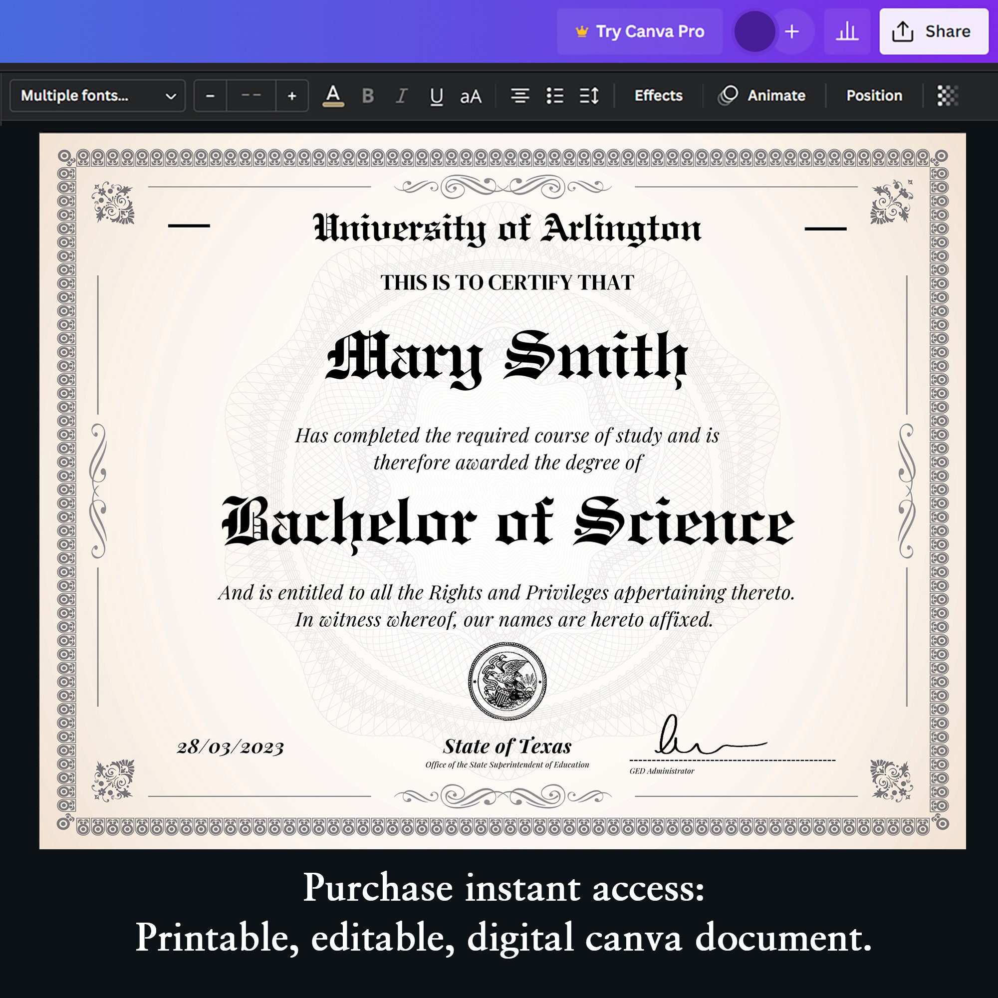 College Diploma Fake GED Diploma Editable High School Diploma Printable ...