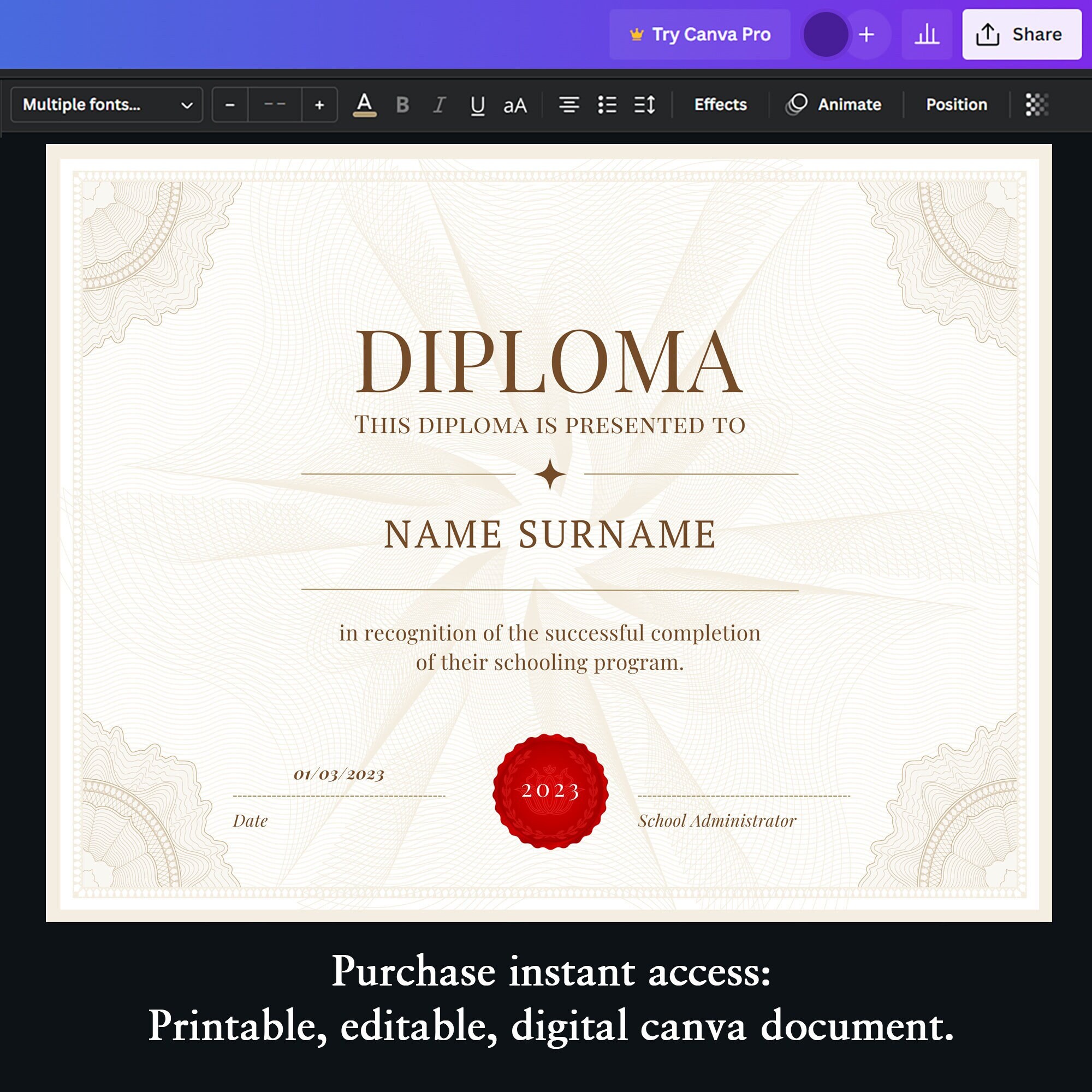 Editable High School Diploma Template Ornate Diploma Frame College ...
