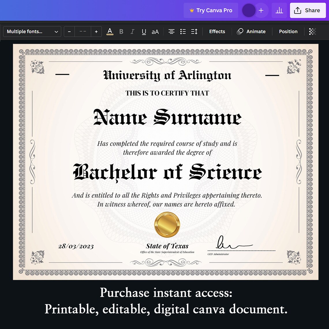 College Diploma Fake GED Diploma Editable High School Diploma Printable ...