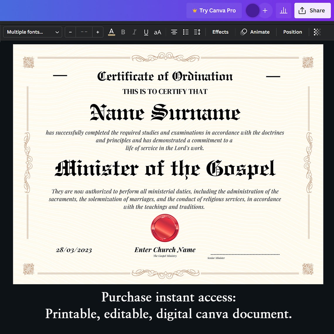 Certificate of Ordination Pastor Ordination Certificates Pastor ...