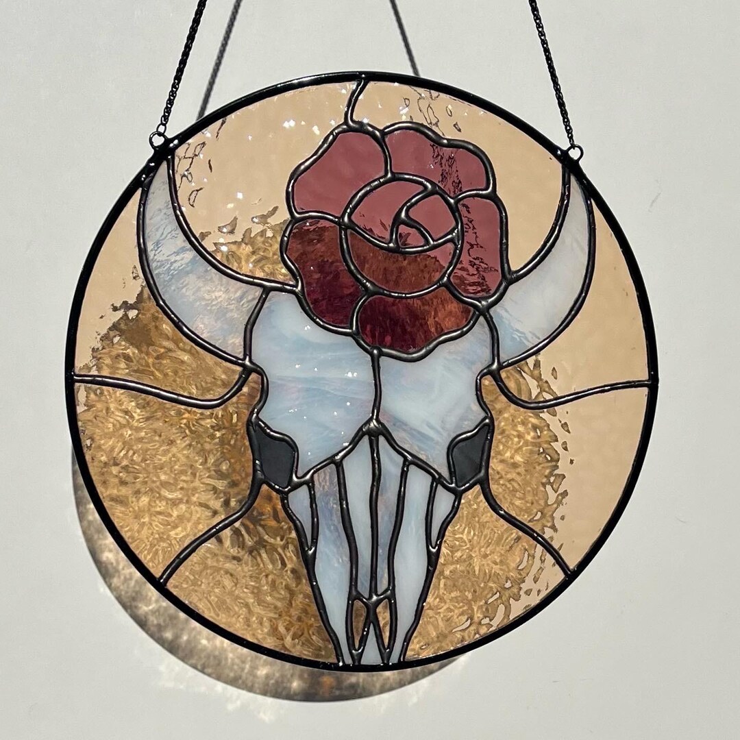 Stained Glass Suncatcher - Buffalo Skull With Rose | Southwest Meets ...