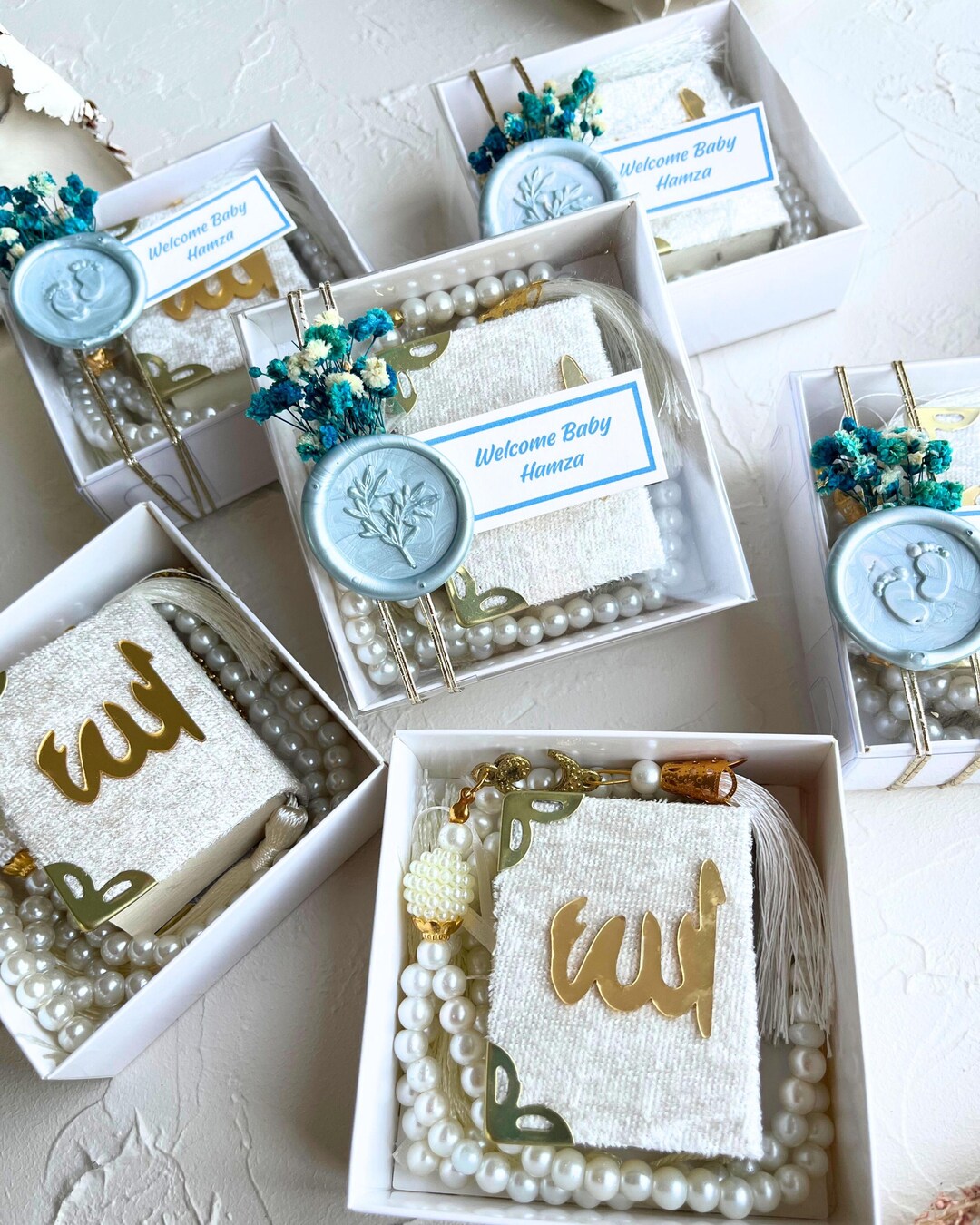 Personalized İslamic Baby Shower Mini Quran and Tasbeeh Gift, Baby Boy ...