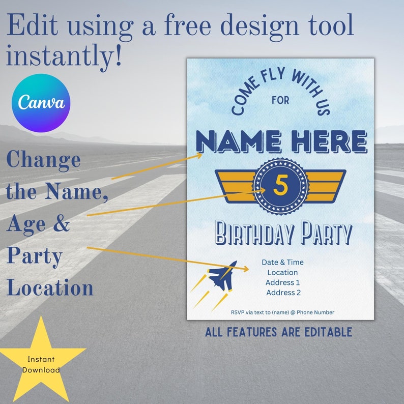 Jet Birthday Party Invitation Editable Template Aviation Airplane Party ...
