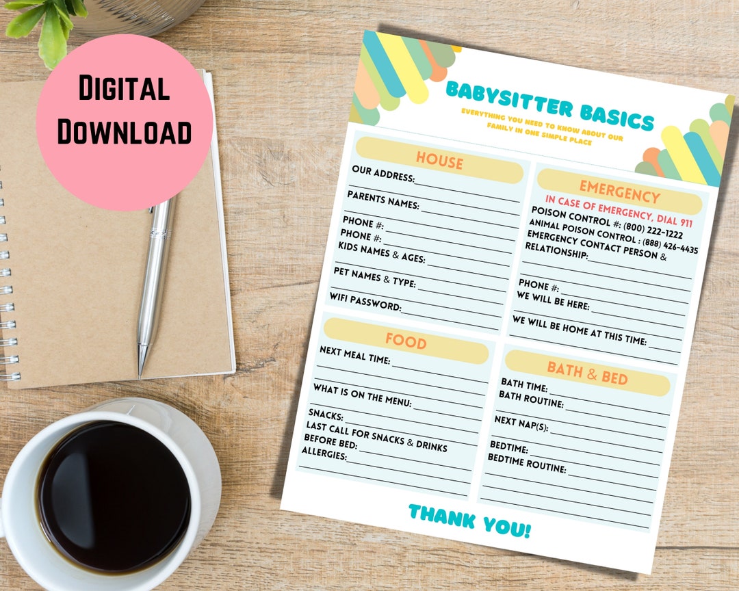 Babysitter Basics Checklist Babysitting Emergency Contacts - Etsy