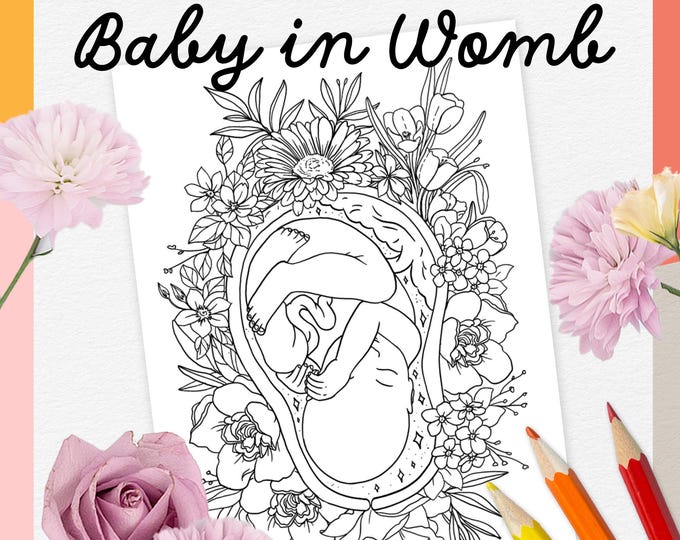 Baby in Womb Floral Coloring Page for Positive Pregnancy and Birth - Etsy