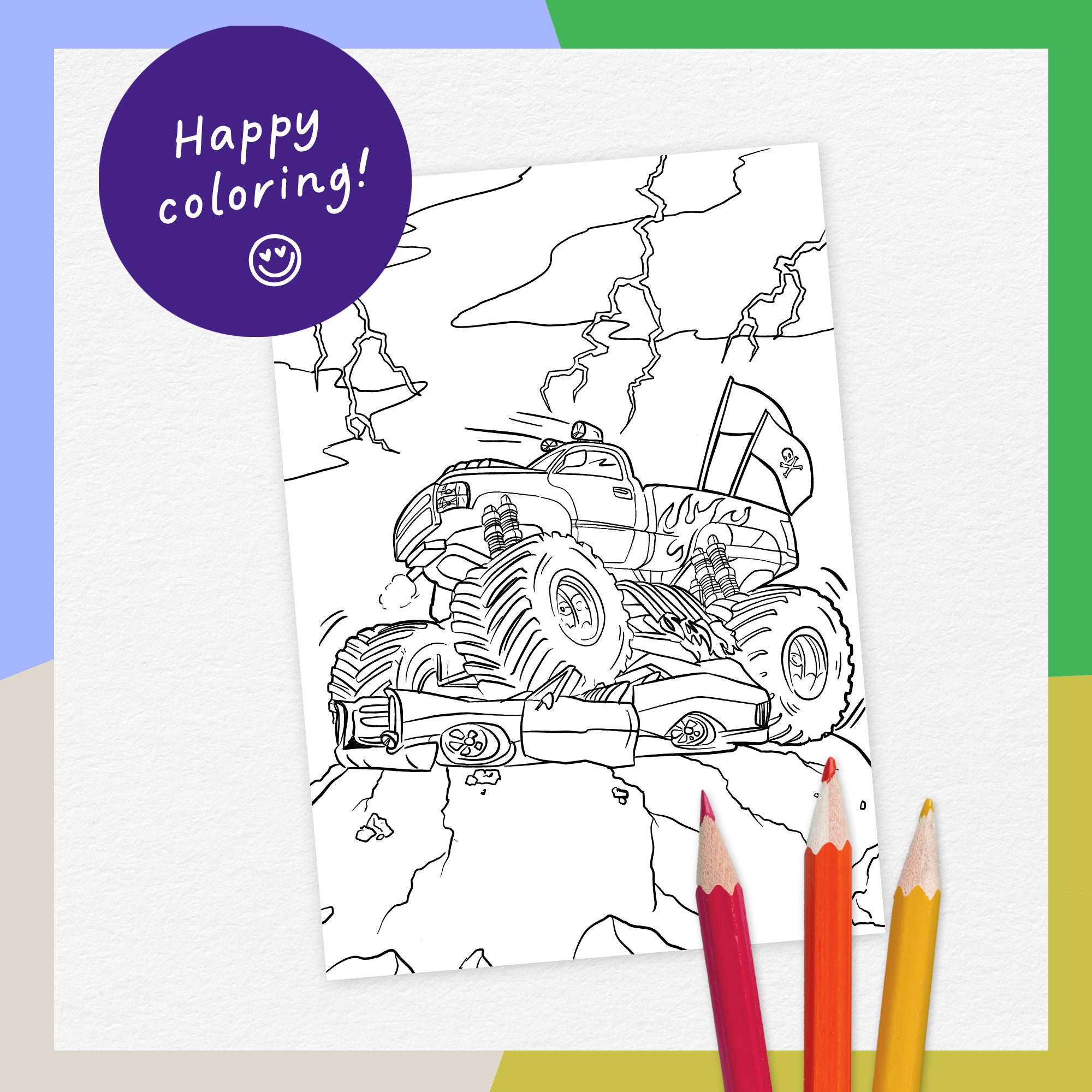 3 Cool Monstertruck Coloring Pages for Kids | Birthday Party Activity ...