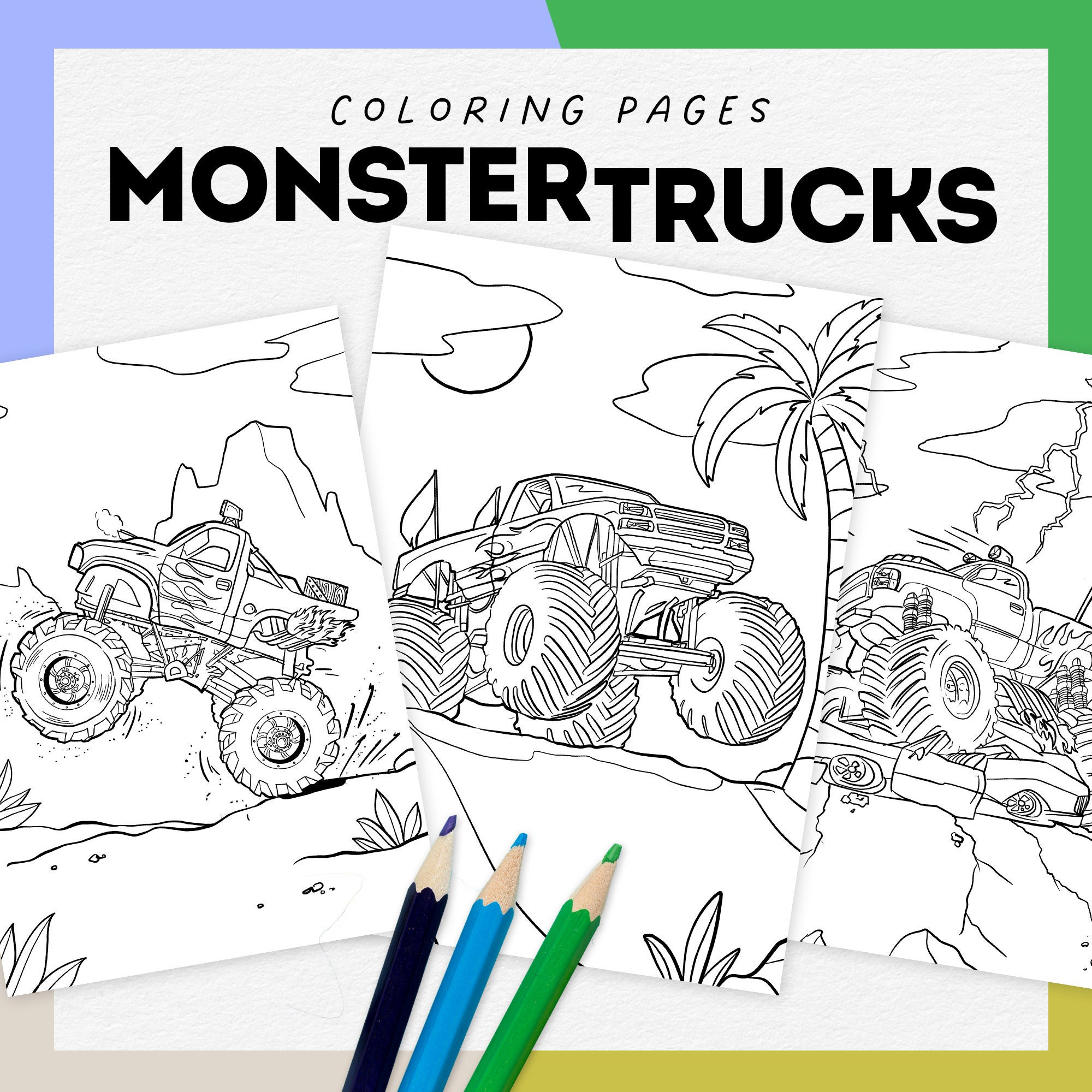 3 Cool Monstertruck Coloring Pages for Kids | Birthday Party Activity ...