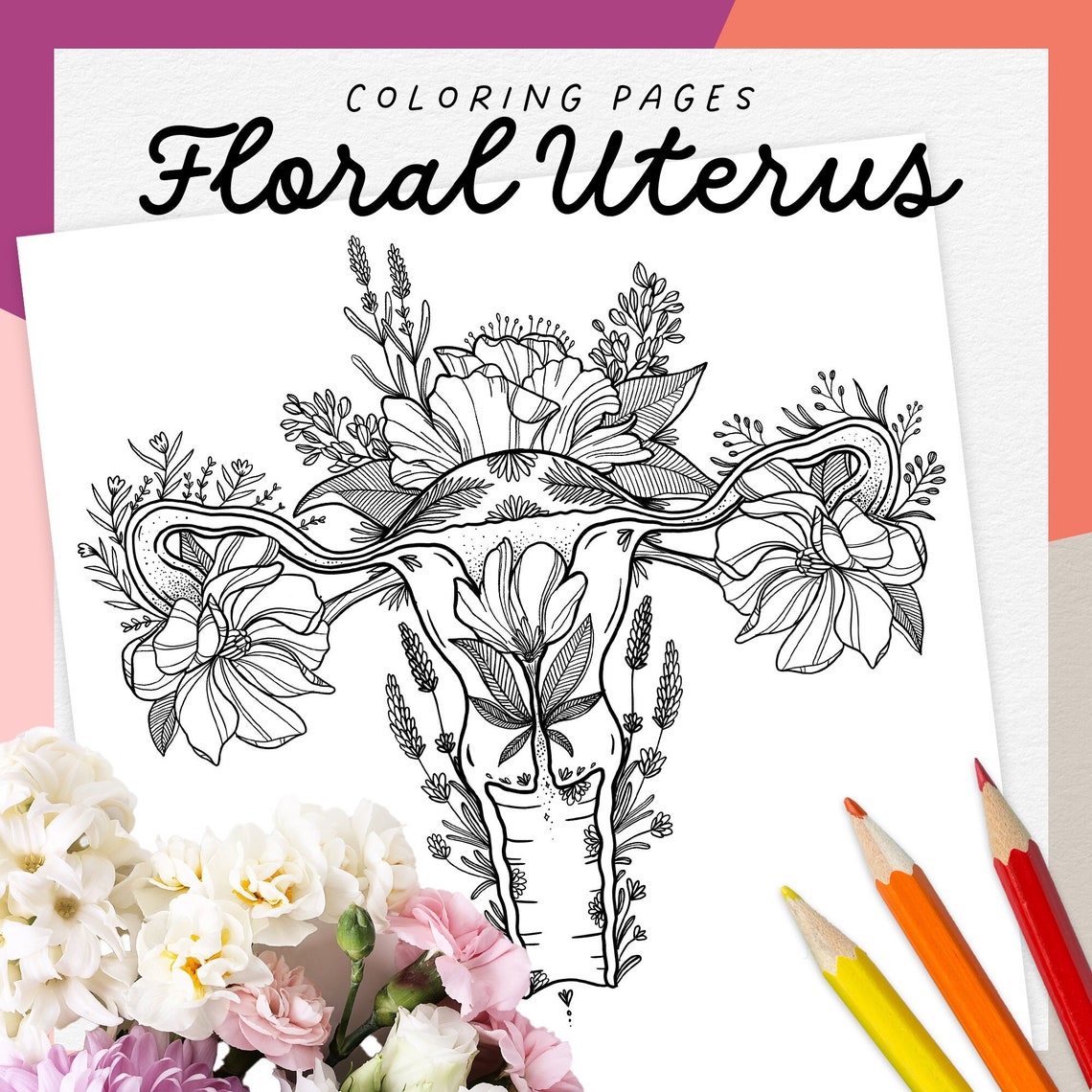 Floral Uterus Coloring Pages for Adults | Ausmalbild Für Hebamme Oder ...