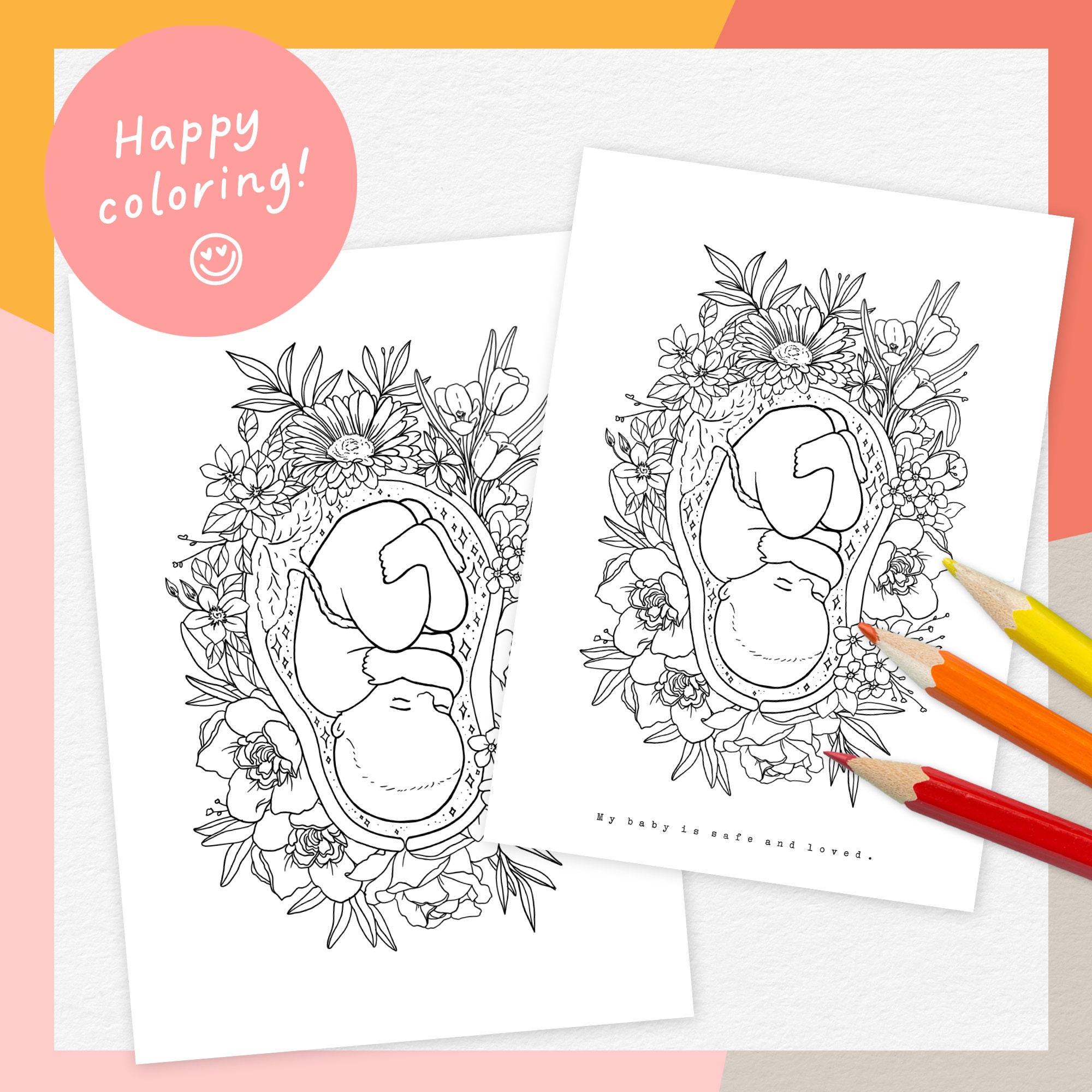 Baby in Womb Floral Coloring Page for Positive Pregnancy and Birth ...