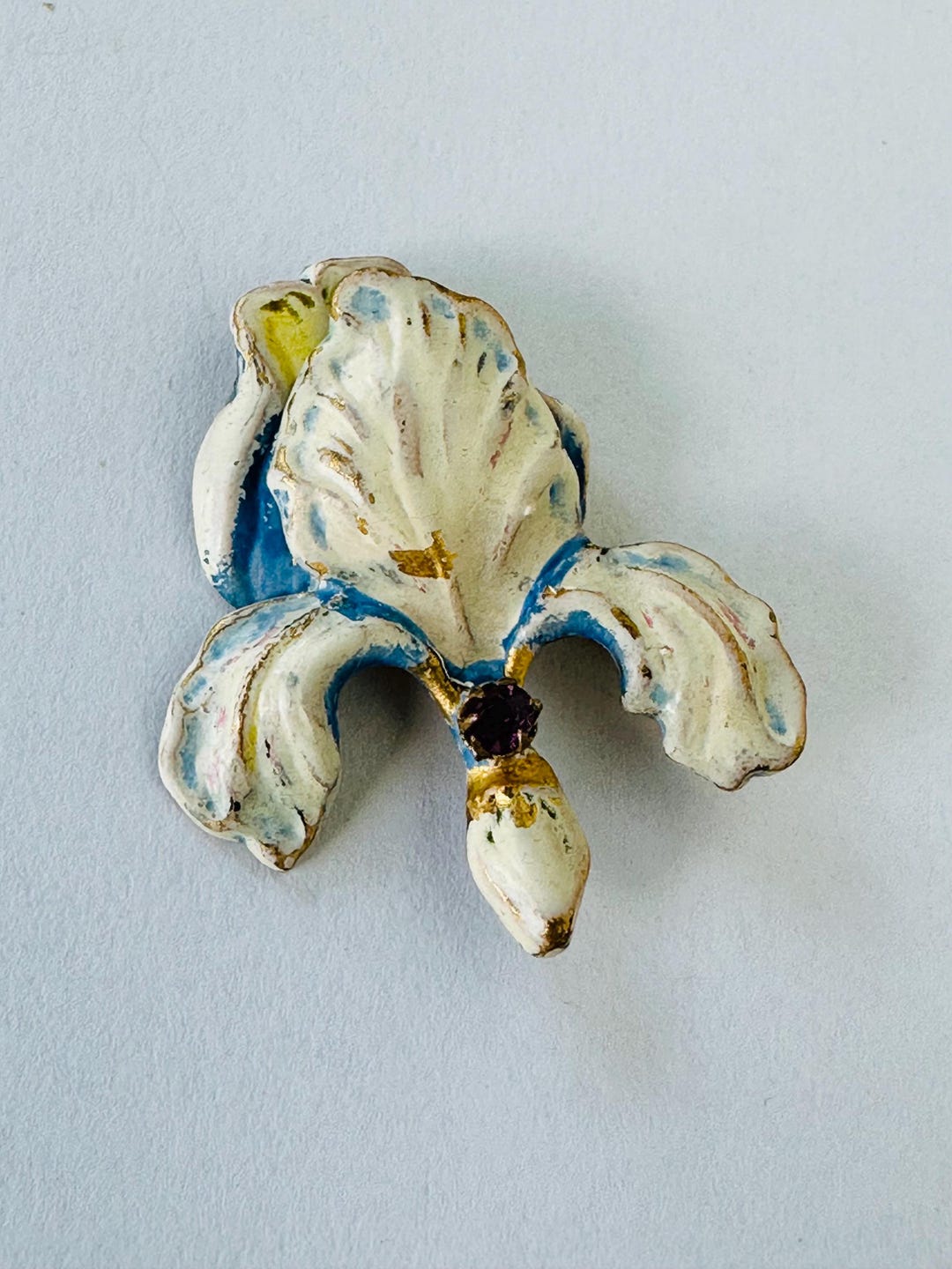 Vintage Pin: Enamel Flower White Iris Brooch With Tiny Purple ...