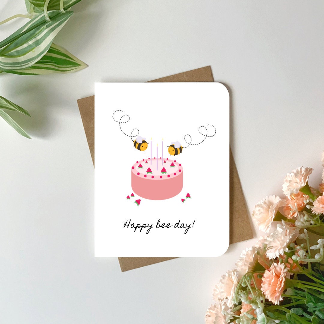Cute Birthday Card, Cute Bee and Cake, Happy Bee Day Card, Happy Bday ...