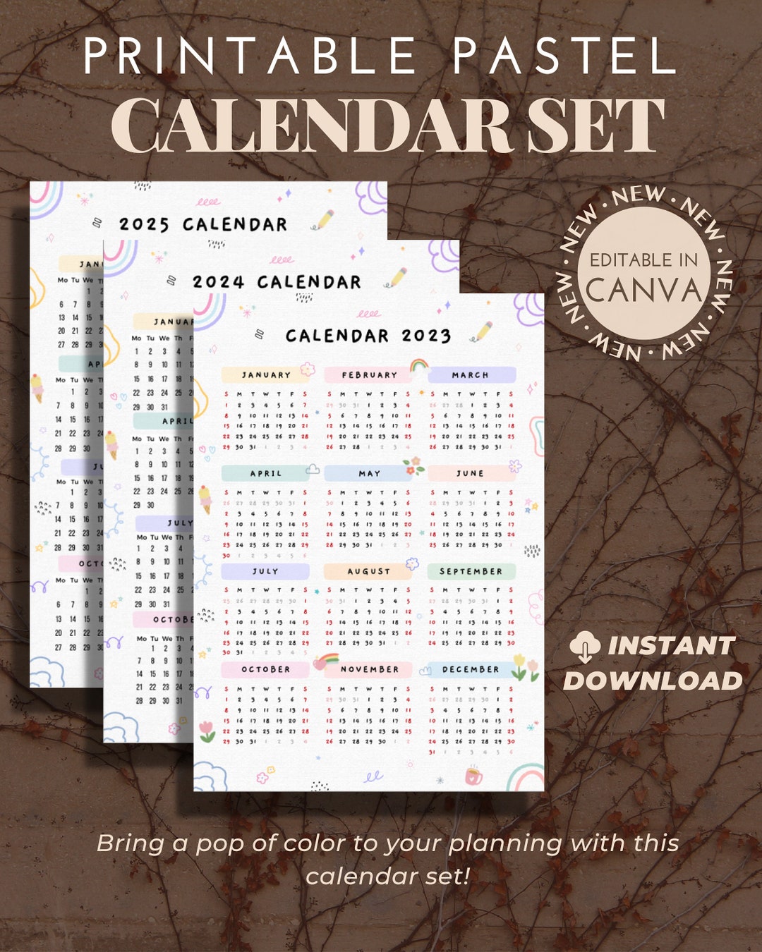 2023-2025 Calendar Set Printable Pastel Calendar Set Lunar - Etsy