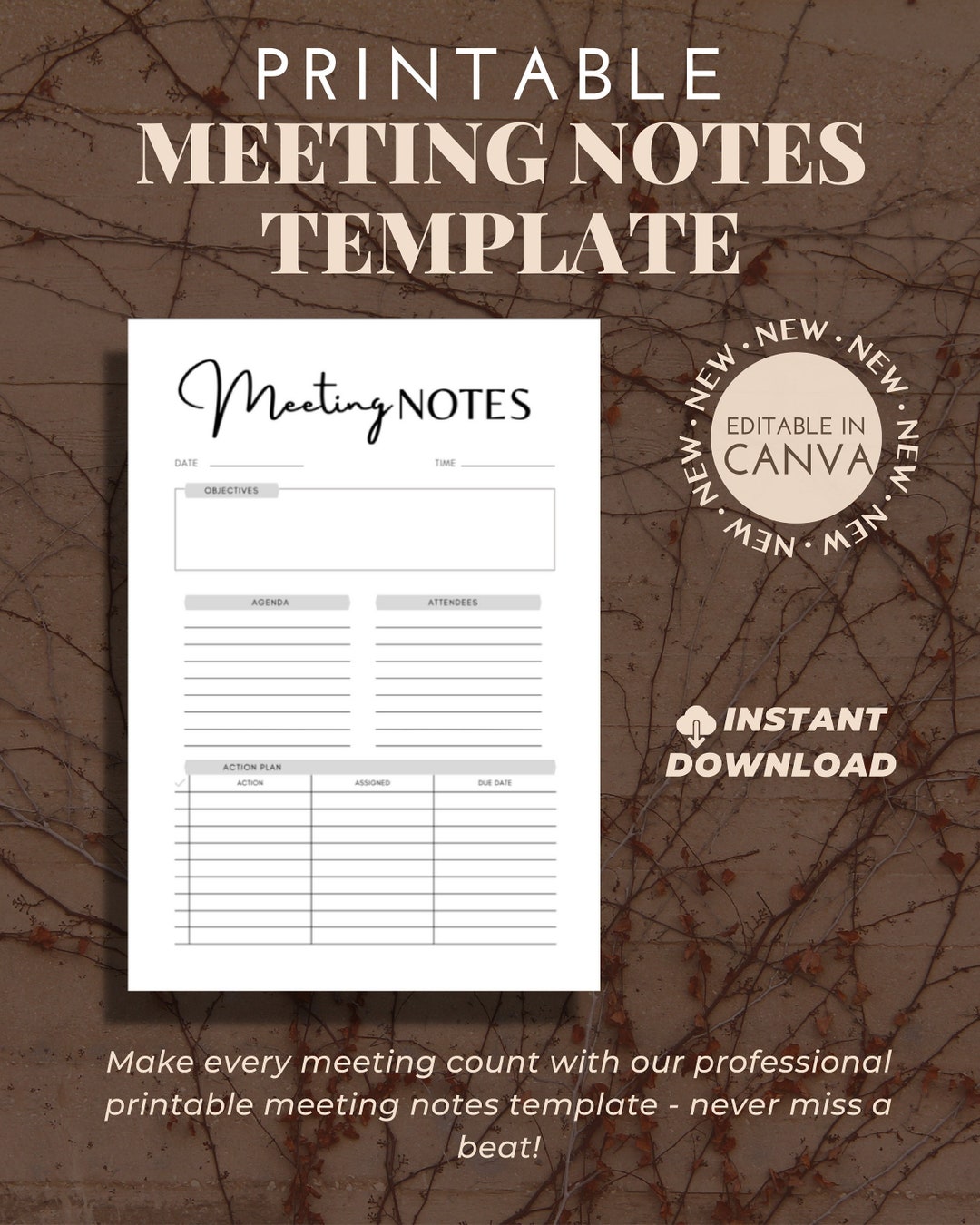 A4 Meeting Notes Template Printable Planner Insert, Meeting Planner ...