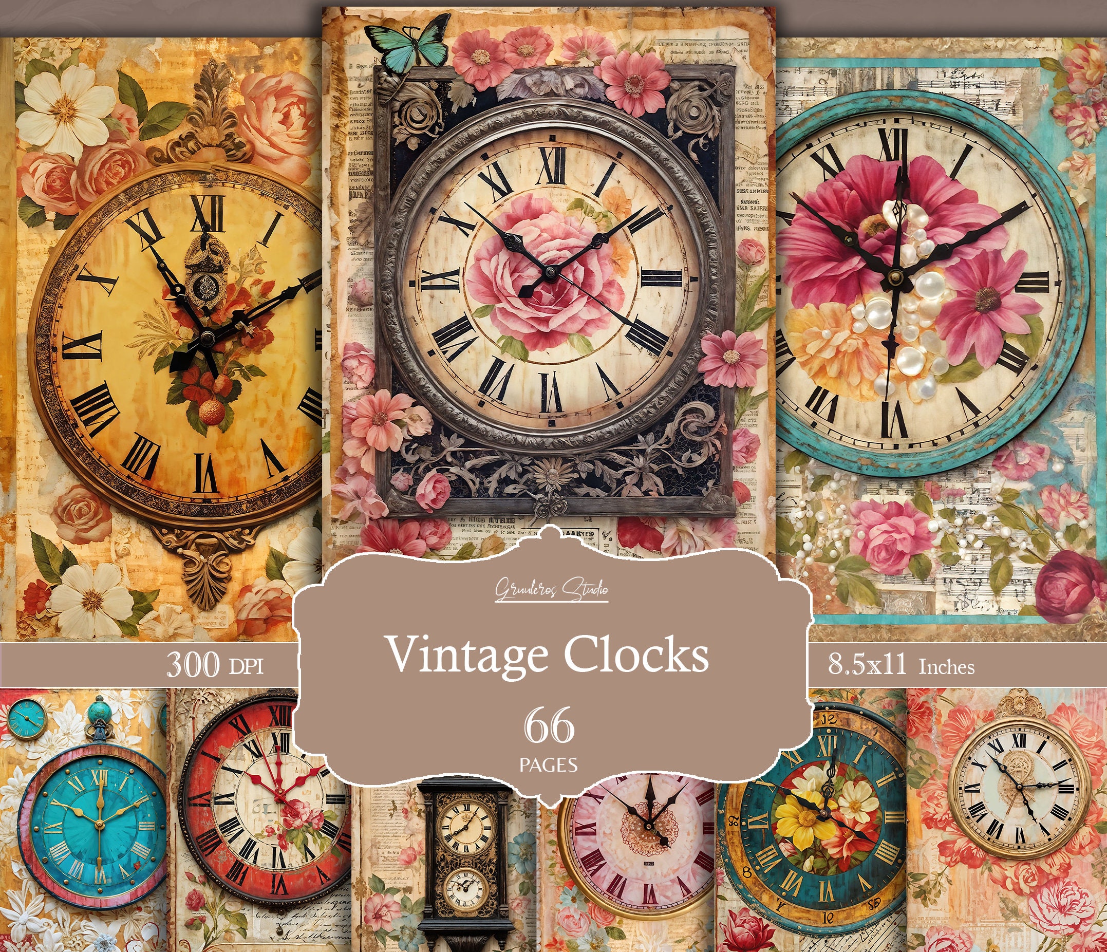 Vintage Clocks, Junk Journal Paper, Floral Clocks Paper, Vintage ...
