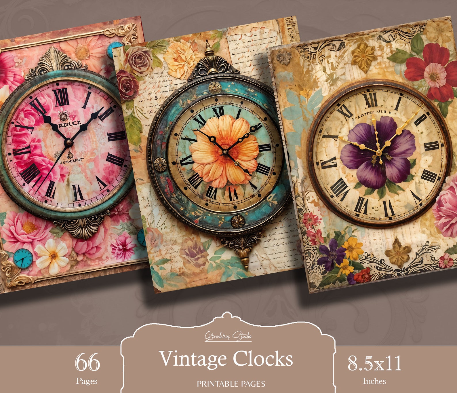 Vintage Clocks, Junk Journal Paper, Floral Clocks Paper, Vintage ...