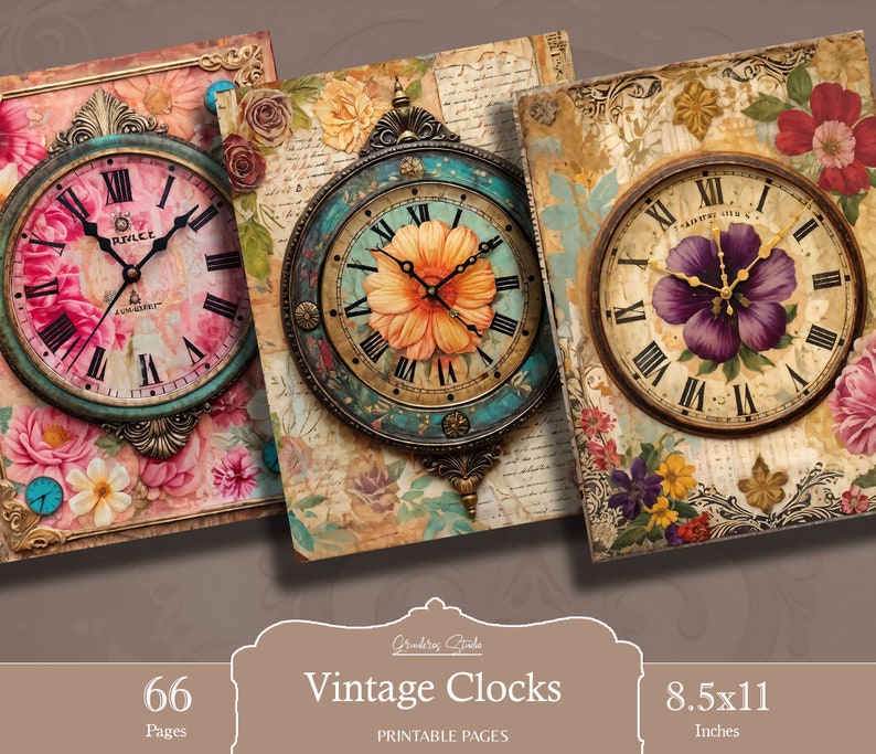 Vintage Clocks, Junk Journal Paper, Floral Clocks Paper, Vintage ...