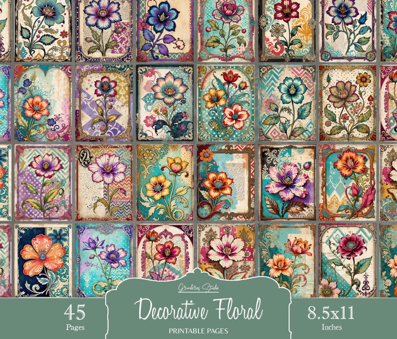 Decorative Flowers, Journal Pages, Art Nouveau Florals Digital Paper ...