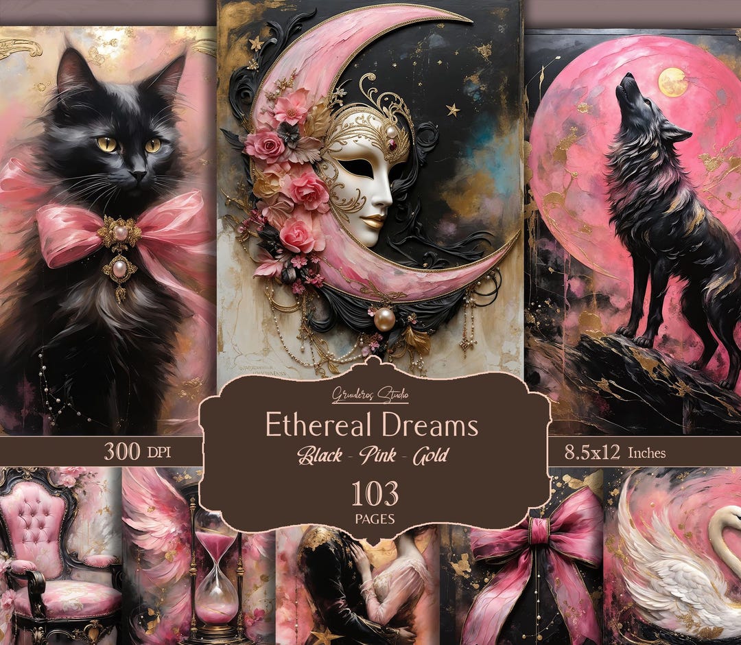 Black-pink Shabby Chic Gothic Digital Papers for Junk Journals, Crafts ...