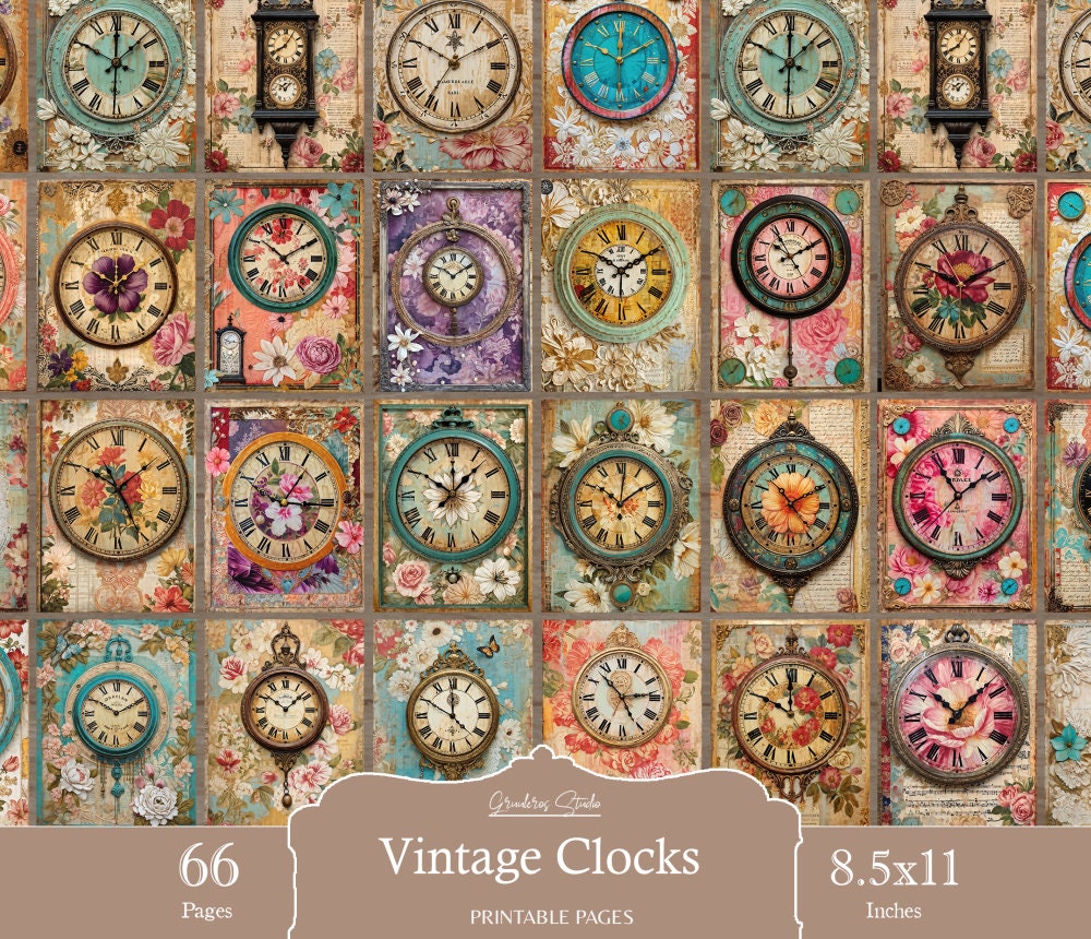 Vintage Clocks, Junk Journal Paper, Floral Clocks Paper, Vintage ...