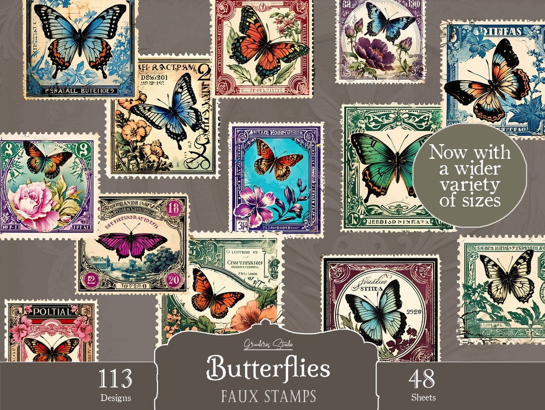 Fake Stamps, Digital Butterfly Stamps, Junk Journal, Ephemera ...