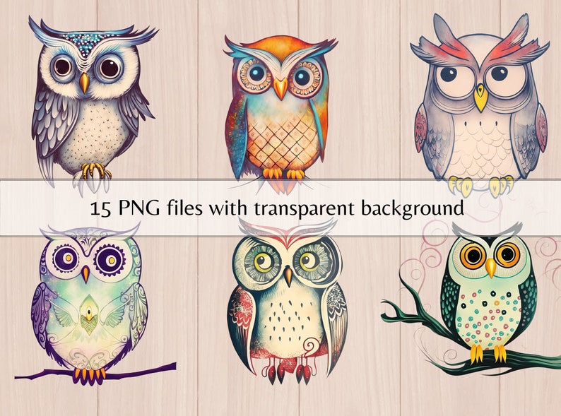 15 Owls Clipart, Whimsical Owls Print, Digital Download, Printable Owls ...