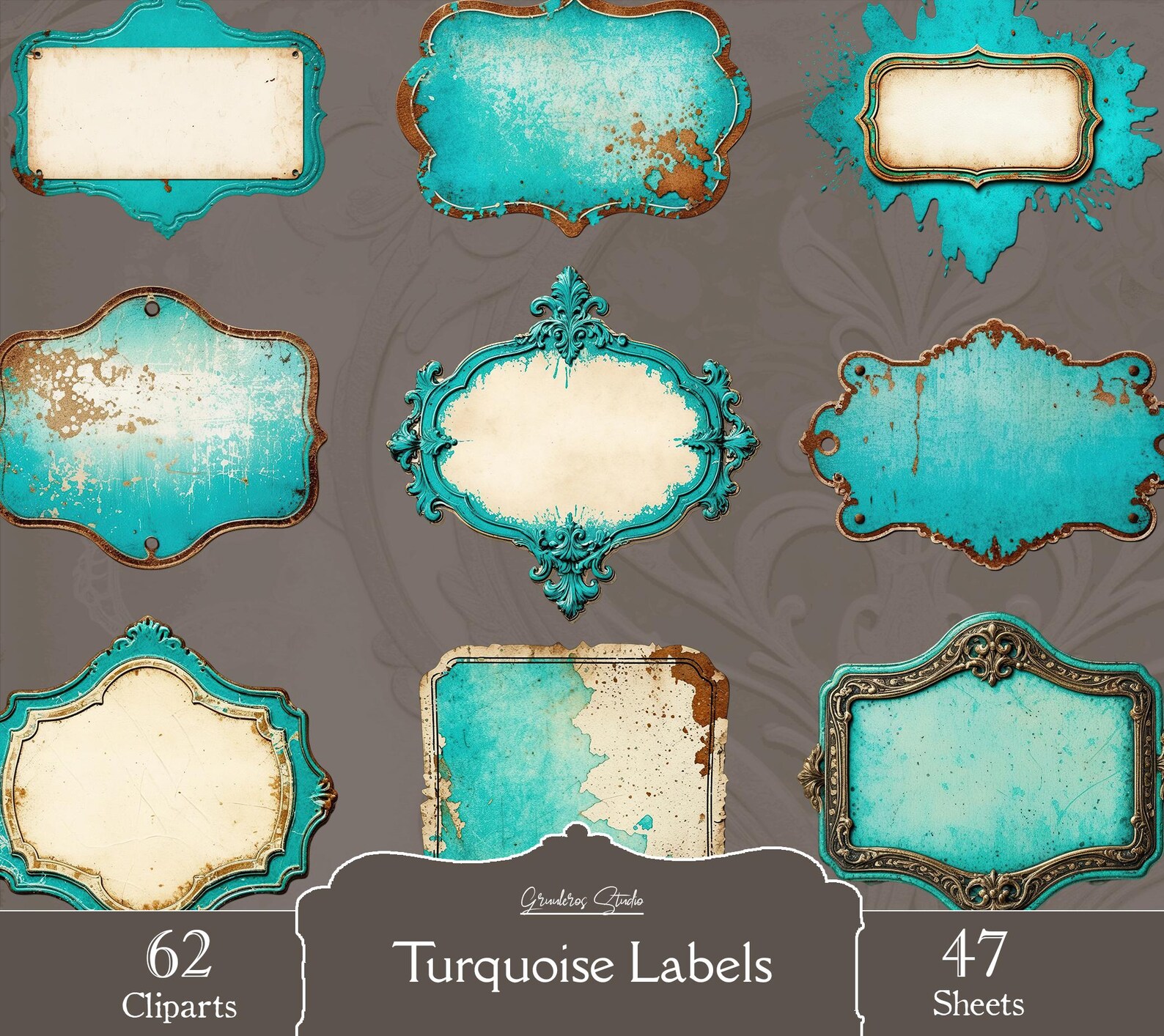 Shabby Labels, PNG Cliparts and 47 Sheets, Turquoise, Victorian Frames ...