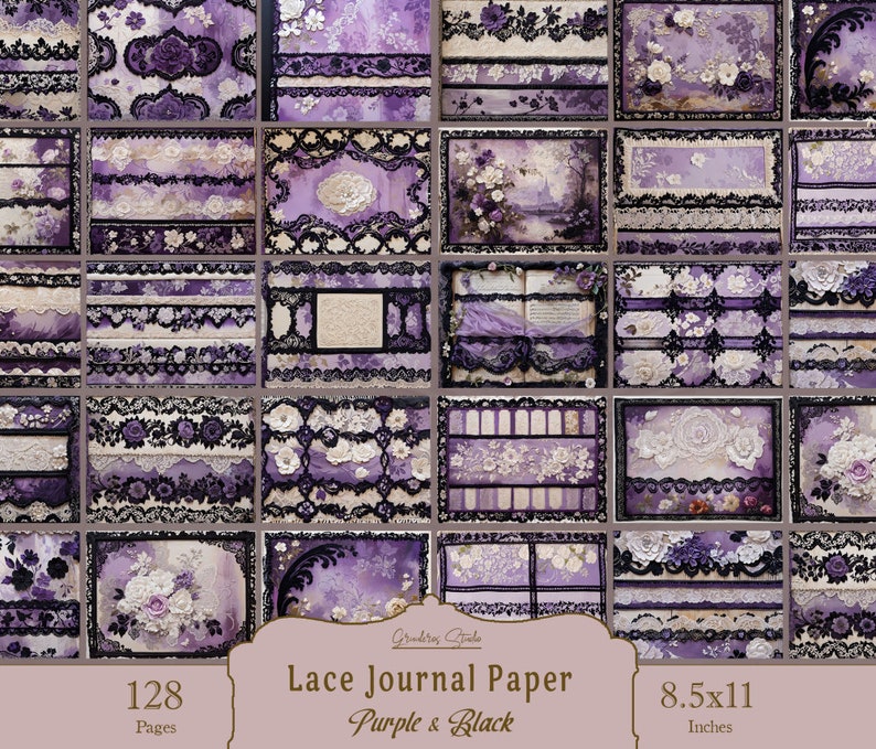 Purple Lace Journal Paper, Black Lace Printable Paper, Vintage Journal ...