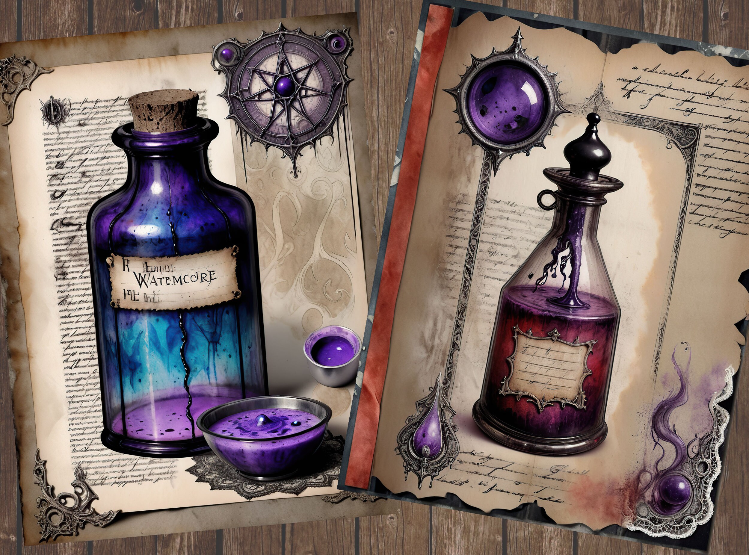 Potion Bottles Junk Journal Pages, Dark Gothic Scrapbook Page, Witch ...
