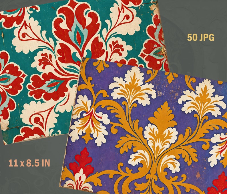 Printable Damask Paper, Vibrant, Grunge, Digital Paper, Damask Pages ...