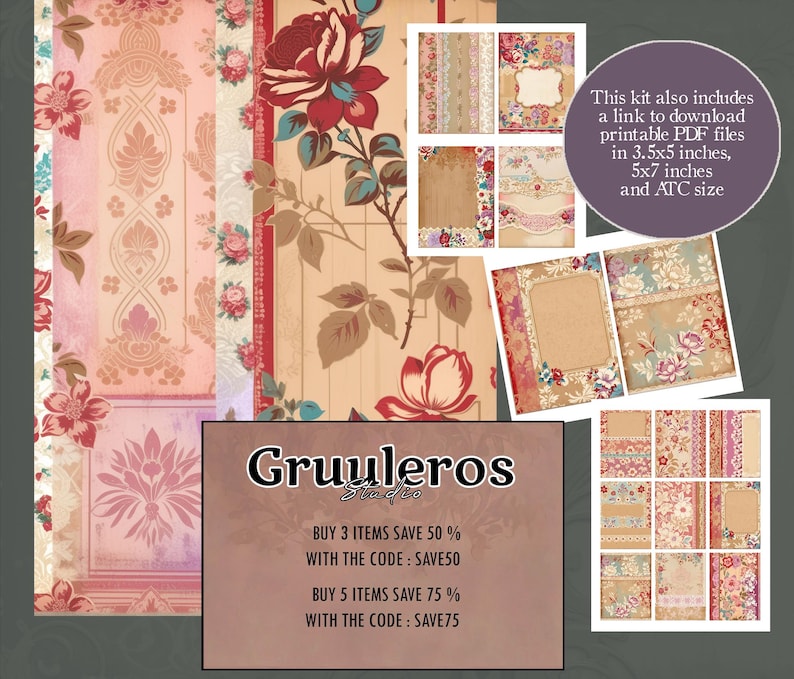 Rustic Floral Digital Paper Pack, Shabby Chic Roses Scrapbook Collage ...