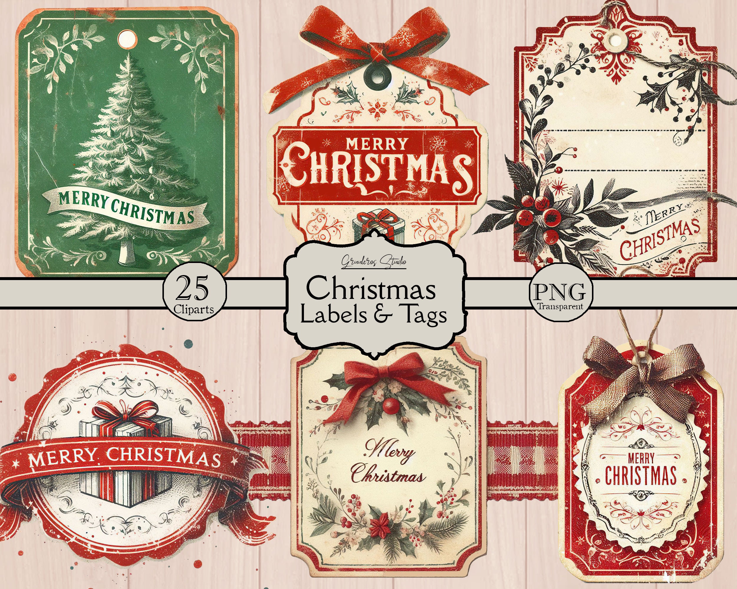 Cliparts Vintage Christmas Labels, Transparent Png, Clipart Retro Tags ...