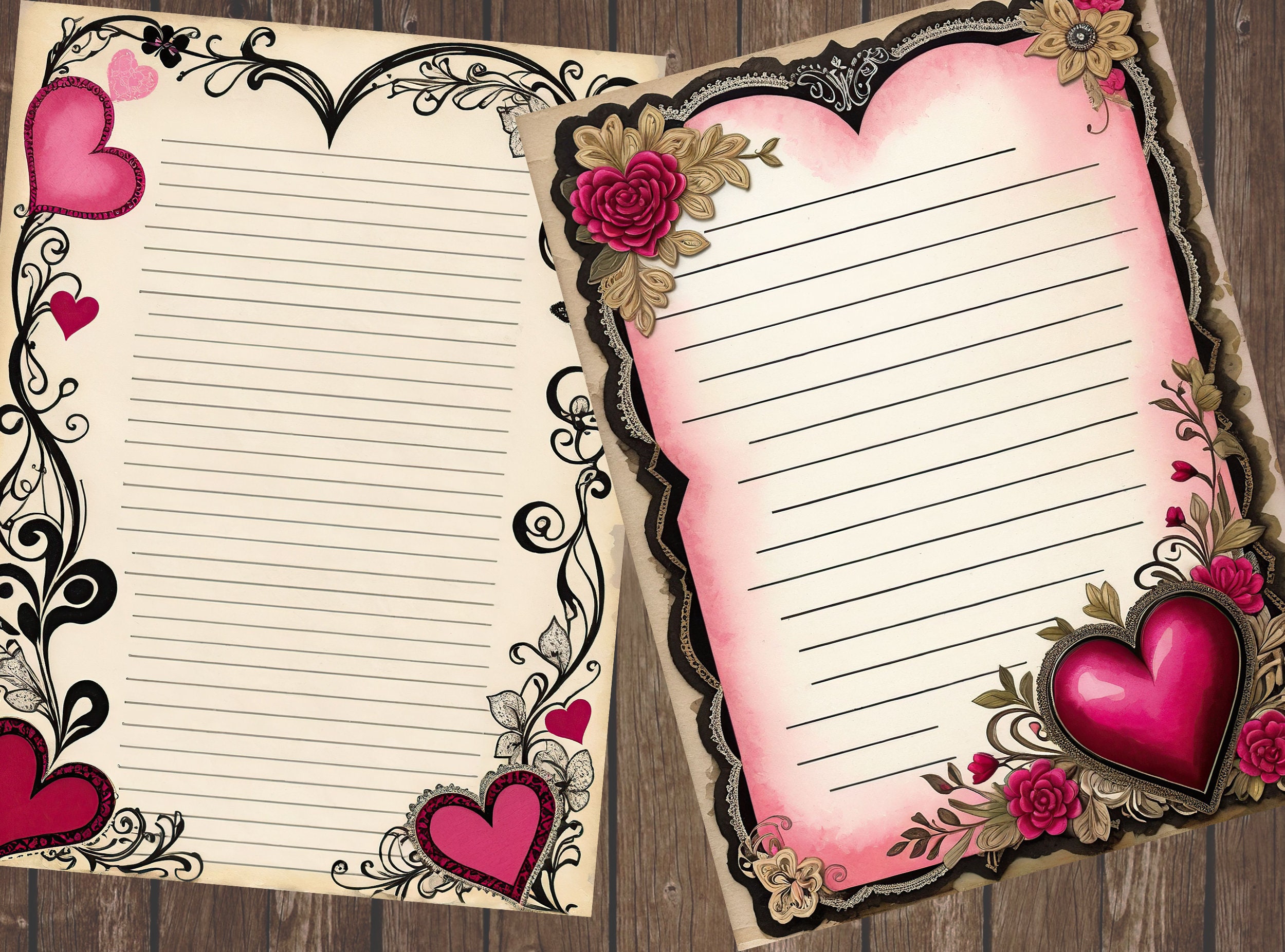 Hearts Stationery, Printable Stationery, Valentine's Day Gift, Love Letter, Valentine, Letter ...