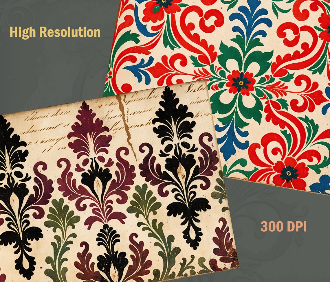 Printable Damask Paper, Vibrant, Grunge, Digital Paper, Damask Pages ...